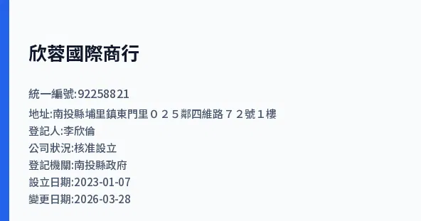 欣蓉國際商行的照片-統編 92258821(南投縣) 公司登記資料與營業項目詳細圖表