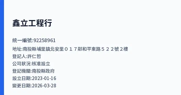 鑫立工程行的照片-統編 92258961(南投縣) 公司登記資料與營業項目詳細圖表