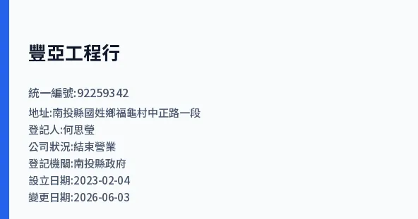 豐亞工程行的照片-統編 92259342(南投縣) 公司登記資料與營業項目詳細圖表