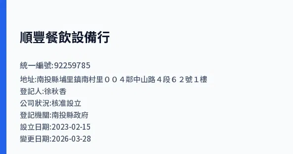 順豐餐飲設備行的照片-統編 92259785(南投縣) 公司登記資料與營業項目詳細圖表