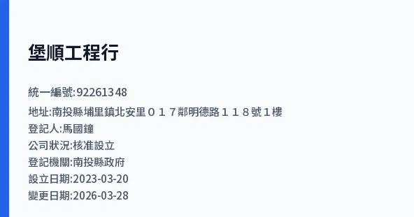 堡順工程行的照片-統編 92261348(南投縣) 公司登記資料與營業項目詳細圖表