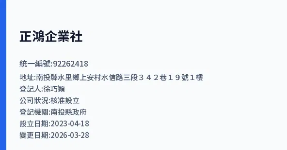 正鴻企業社的照片-統編 92262418(南投縣) 公司登記資料與營業項目詳細圖表