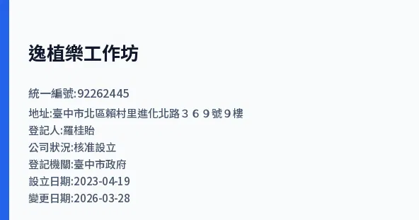 逸植樂工作坊的照片-統編 92262445(臺中市) 公司登記資料與營業項目詳細圖表