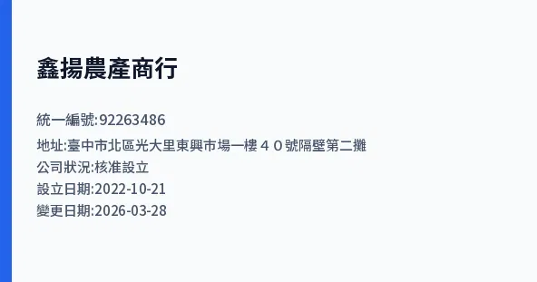 鑫揚農產商行的照片-統編 92263486(臺中市) 公司登記資料與營業項目詳細圖表
