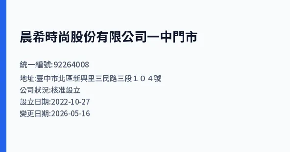 晨希時尚股份有限公司一中門市的照片-統編 92264008(臺中市) 公司登記資料與營業項目詳細圖表
