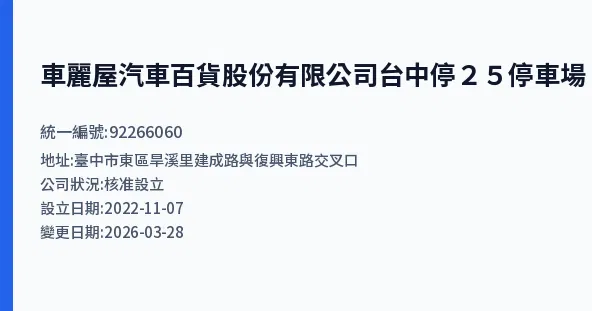 車麗屋汽車百貨股份有限公司台中停25停車場的照片-統編 92266060(臺中市) 公司登記資料與營業項目詳細圖表