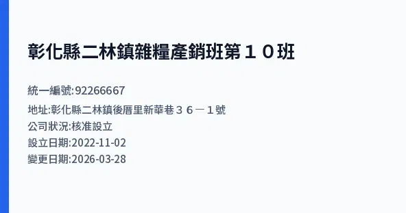 彰化縣二林鎮雜糧產銷班第10班的照片-統編 92266667(彰化縣) 公司登記資料與營業項目詳細圖表