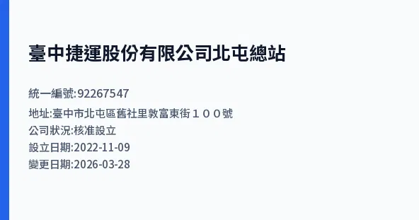 臺中捷運股份有限公司北屯總站的照片-統編 92267547(臺中市) 公司登記資料與營業項目詳細圖表