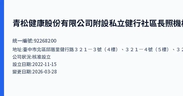 青松健康股份有限公司附設私立健行社區長照機構的照片-統編 92268200(臺中市) 公司登記資料與營業項目詳細圖表