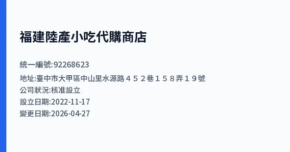 福建陸產小吃代購商店的照片-統編 92268623(臺中市) 公司登記資料與營業項目詳細圖表