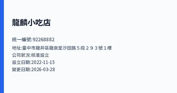 龍麟小吃店的照片-統編 92268882(臺中市) 公司登記資料與營業項目詳細圖表