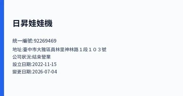 日昇娃娃機的照片-統編 92269469(臺中市) 公司登記資料與營業項目詳細圖表