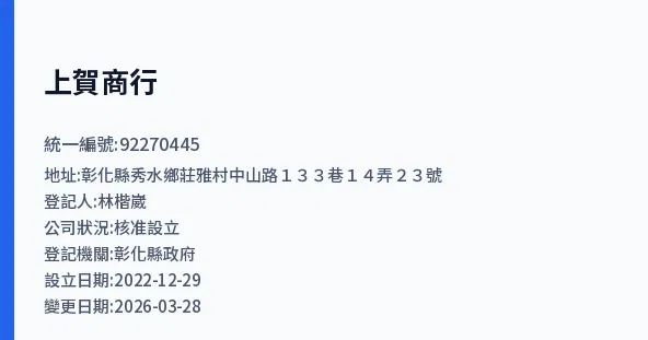 上賀商行的照片-統編 92270445(彰化縣) 公司登記資料與營業項目詳細圖表