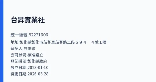 台昇實業社的照片-統編 92271606(彰化縣) 公司登記資料與營業項目詳細圖表