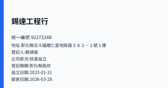 錫達工程行的照片-統編 92272268(彰化縣) 公司登記資料與營業項目詳細圖表