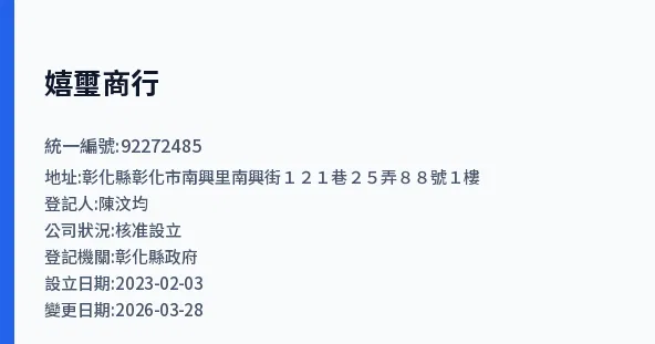 嬉璽商行的照片-統編 92272485(彰化縣) 公司登記資料與營業項目詳細圖表