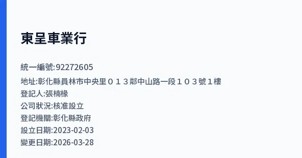 東呈車業行的照片-統編 92272605(彰化縣) 公司登記資料與營業項目詳細圖表