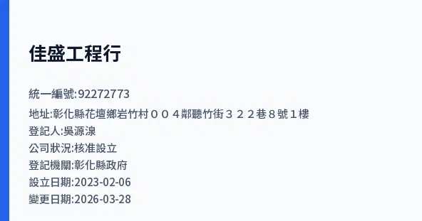 佳盛工程行的照片-統編 92272773(彰化縣) 公司登記資料與營業項目詳細圖表