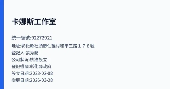 卡娜斯工作室的照片-統編 92272921(彰化縣) 公司登記資料與營業項目詳細圖表