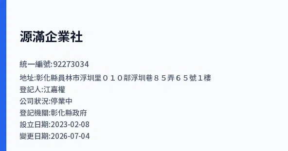 源滿企業社的照片-統編 92273034(彰化縣) 公司登記資料與營業項目詳細圖表