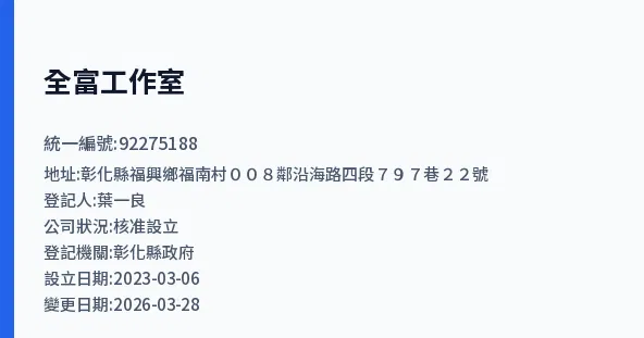全富工作室的照片-統編 92275188(彰化縣) 公司登記資料與營業項目詳細圖表