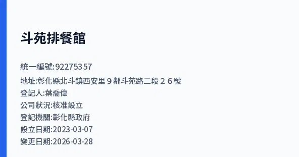 斗苑排餐館的照片-統編 92275357(彰化縣) 公司登記資料與營業項目詳細圖表