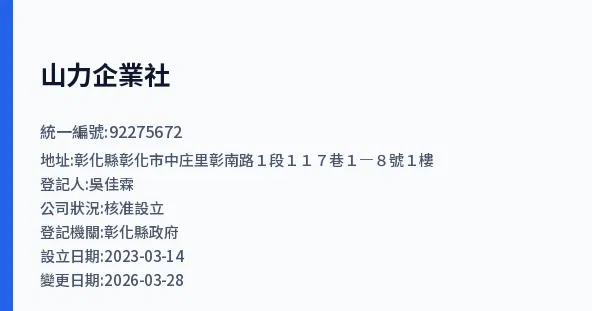 山力企業社的照片-統編 92275672(彰化縣) 公司登記資料與營業項目詳細圖表