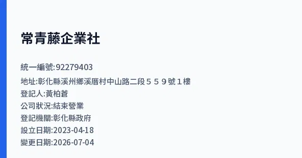 常青藤企業社的照片-統編 92279403(彰化縣) 公司登記資料與營業項目詳細圖表