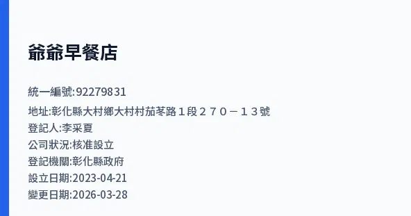 爺爺早餐店的照片-統編 92279831(彰化縣) 公司登記資料與營業項目詳細圖表