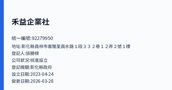 禾益企業社的照片-統編 92279950(彰化縣) 公司登記資料與營業項目詳細圖表