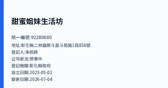 甜蜜姐妹生活坊的照片-統編 92280680(彰化縣) 公司登記資料與營業項目詳細圖表