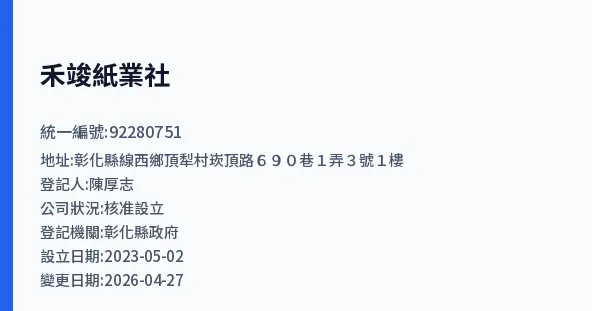 禾竣紙業社的照片-統編 92280751(彰化縣) 公司登記資料與營業項目詳細圖表