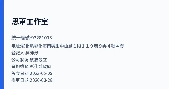 思葦工作室的照片-統編 92281013(彰化縣) 公司登記資料與營業項目詳細圖表