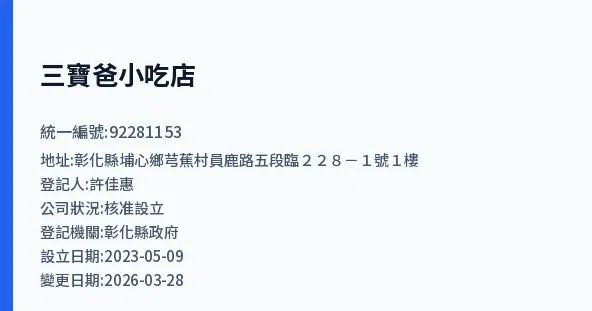 三寶爸小吃店的照片-統編 92281153(彰化縣) 公司登記資料與營業項目詳細圖表