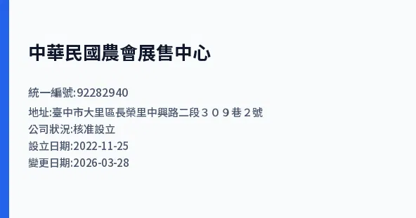中華民國農會展售中心的照片-統編 92282940(臺中市) 公司登記資料與營業項目詳細圖表