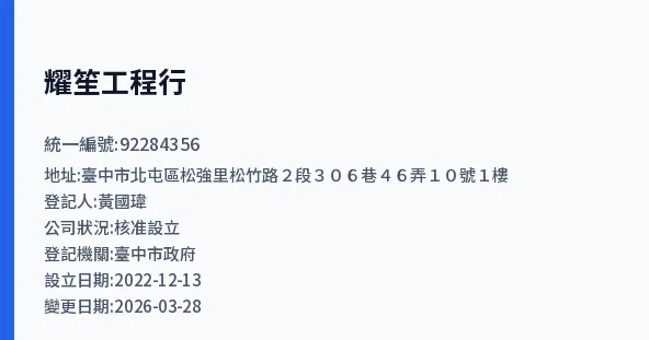 耀笙工程行的照片-統編 92284356(臺中市) 公司登記資料與營業項目詳細圖表