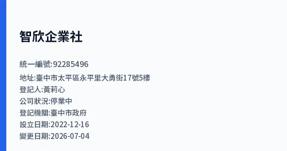智欣企業社的照片-統編 92285496(臺中市) 公司登記資料與營業項目詳細圖表