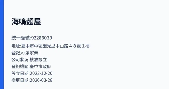 海鳴麵屋的照片-統編 92286039(臺中市) 公司登記資料與營業項目詳細圖表