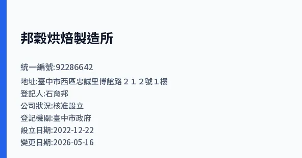 邦穀烘焙製造所的照片-統編 92286642(臺中市) 公司登記資料與營業項目詳細圖表