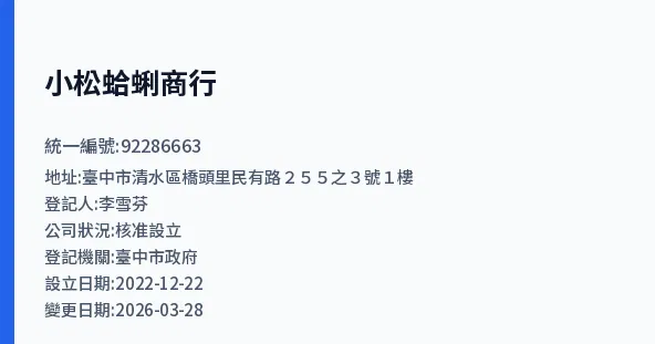 小松蛤蜊商行的照片-統編 92286663(臺中市) 公司登記資料與營業項目詳細圖表