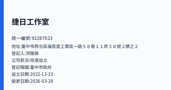 捷日工作室的照片-統編 92287023(臺中市) 公司登記資料與營業項目詳細圖表