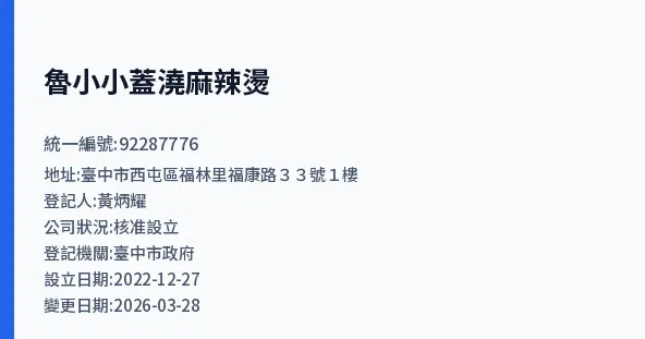 魯小小蓋澆麻辣燙的照片-統編 92287776(臺中市) 公司登記資料與營業項目詳細圖表