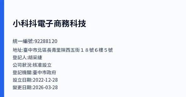 小科抖電子商務科技的照片-統編 92288120(臺中市) 公司登記資料與營業項目詳細圖表