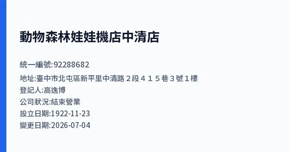 動物森林娃娃機店中清店的照片-統編 92288682(臺中市) 公司登記資料與營業項目詳細圖表
