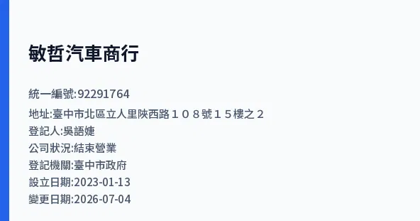 敏哲汽車商行的照片-統編 92291764(臺中市) 公司登記資料與營業項目詳細圖表