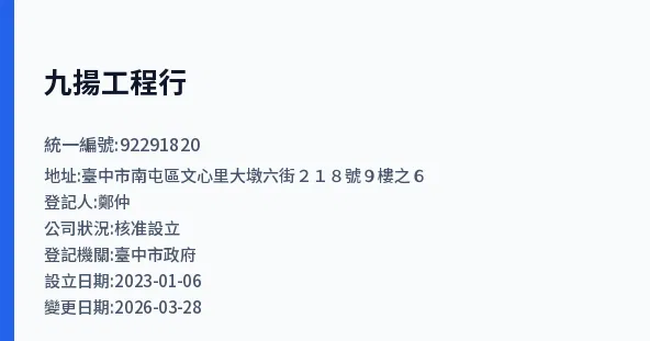 九揚工程行的照片-統編 92291820(臺中市) 公司登記資料與營業項目詳細圖表