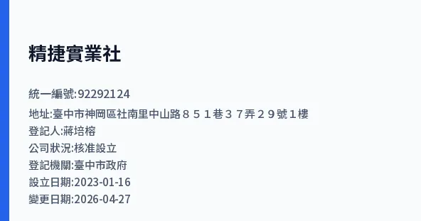 精捷實業社的照片-統編 92292124(臺中市) 公司登記資料與營業項目詳細圖表