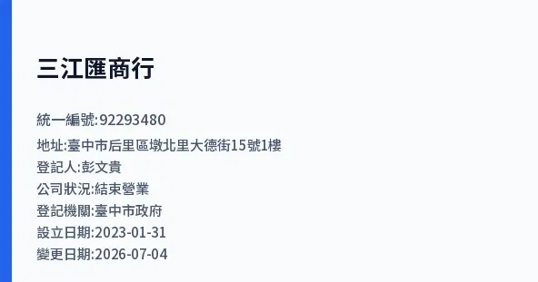 三江匯商行的照片-統編 92293480(臺中市) 公司登記資料與營業項目詳細圖表
