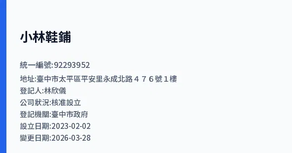小林鞋鋪的照片-統編 92293952(臺中市) 公司登記資料與營業項目詳細圖表