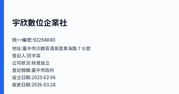 宇欣數位企業社的照片-統編 92294880(臺中市) 公司登記資料與營業項目詳細圖表
